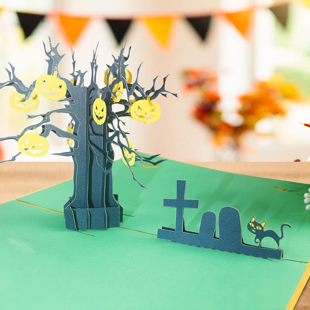 Halloween 3D Pop up Card With Graveyard & Pumpkin Tree, Spooky ...