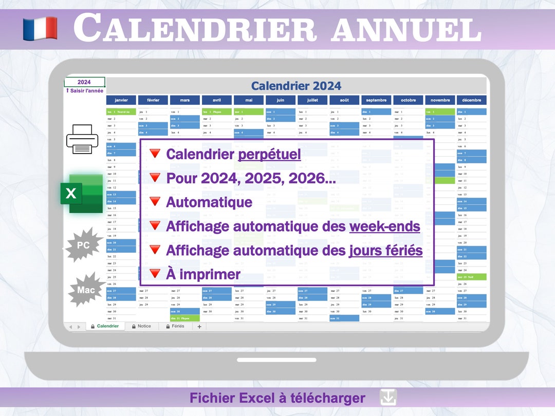 Interactive Annual Calendar / Print / French / Excel Template Calendar ...