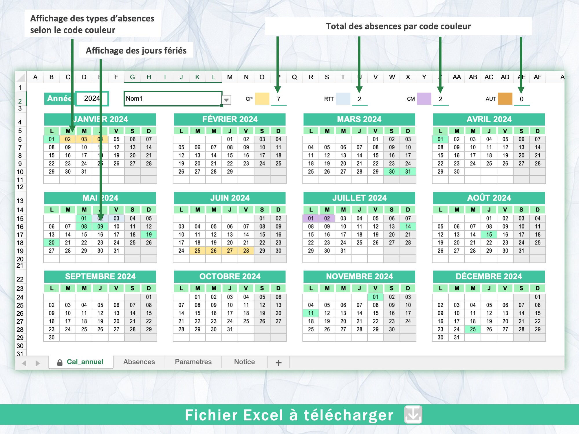 Annual Absence Calendar / Annual Leave Calendar / Employee Absences ...