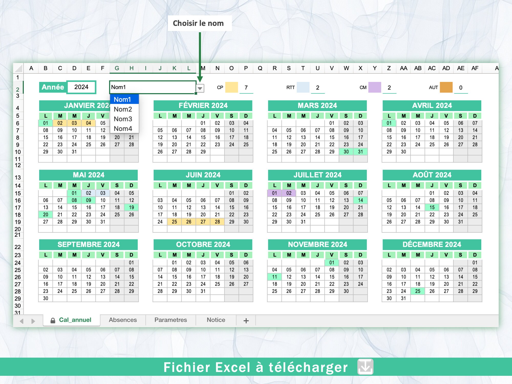 Annual Absence Calendar / Annual Leave Calendar / Employee Absences ...