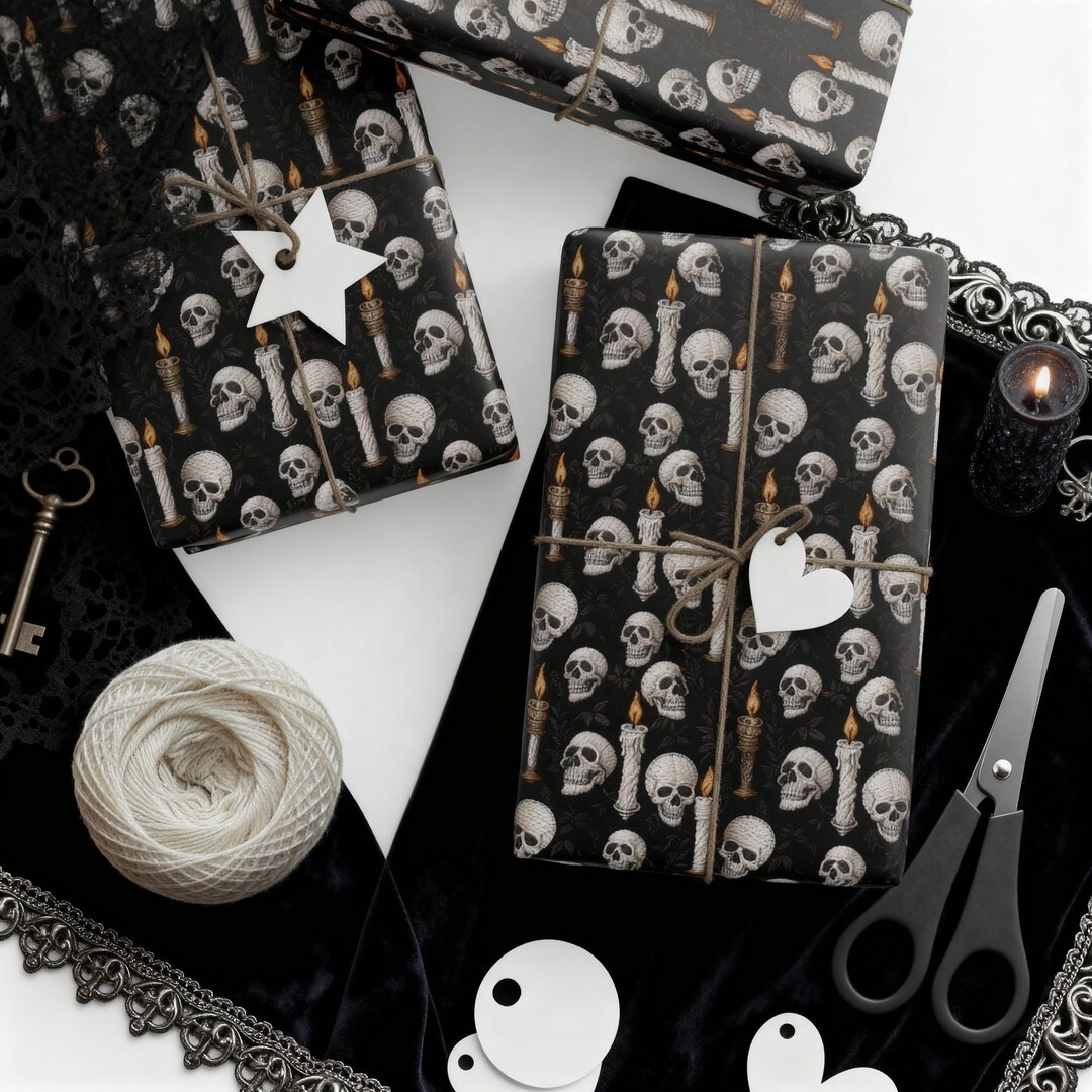 Gothic Skulls Wrapping Paper | Faux Embroidery Black White Skull Gift ...