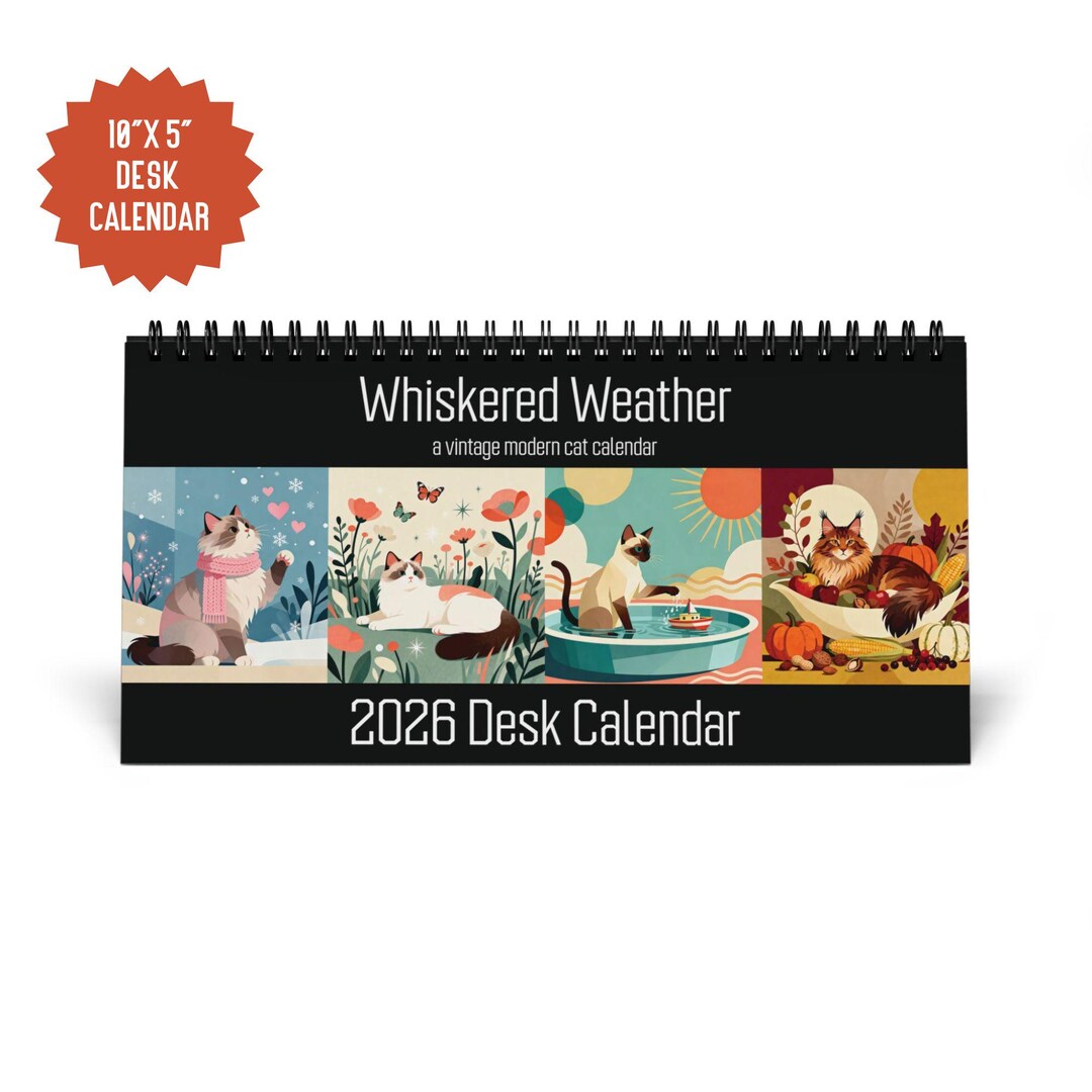 Cat Calendar 2026 | Desk Calendar Cat Art | Retro Spiral-bound Office ...