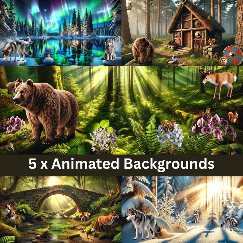 Animated Forest Backgrounds Bundle: Aurora Wolves, Woodland Cabin ...