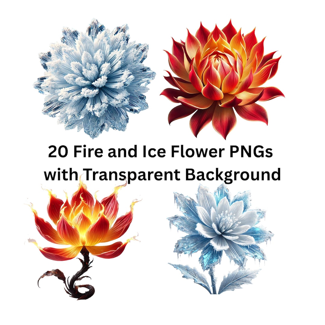 20 Fire and Ice Flower PNG Set, Fantasy Elemental Floral Clipart ...
