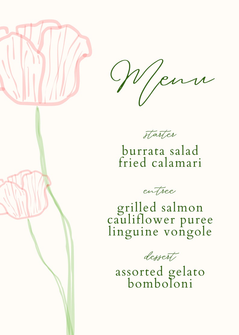THE FLORAL Wedding Menu | Dinner Party Menu | Bridal Shower Menu | Baby ...