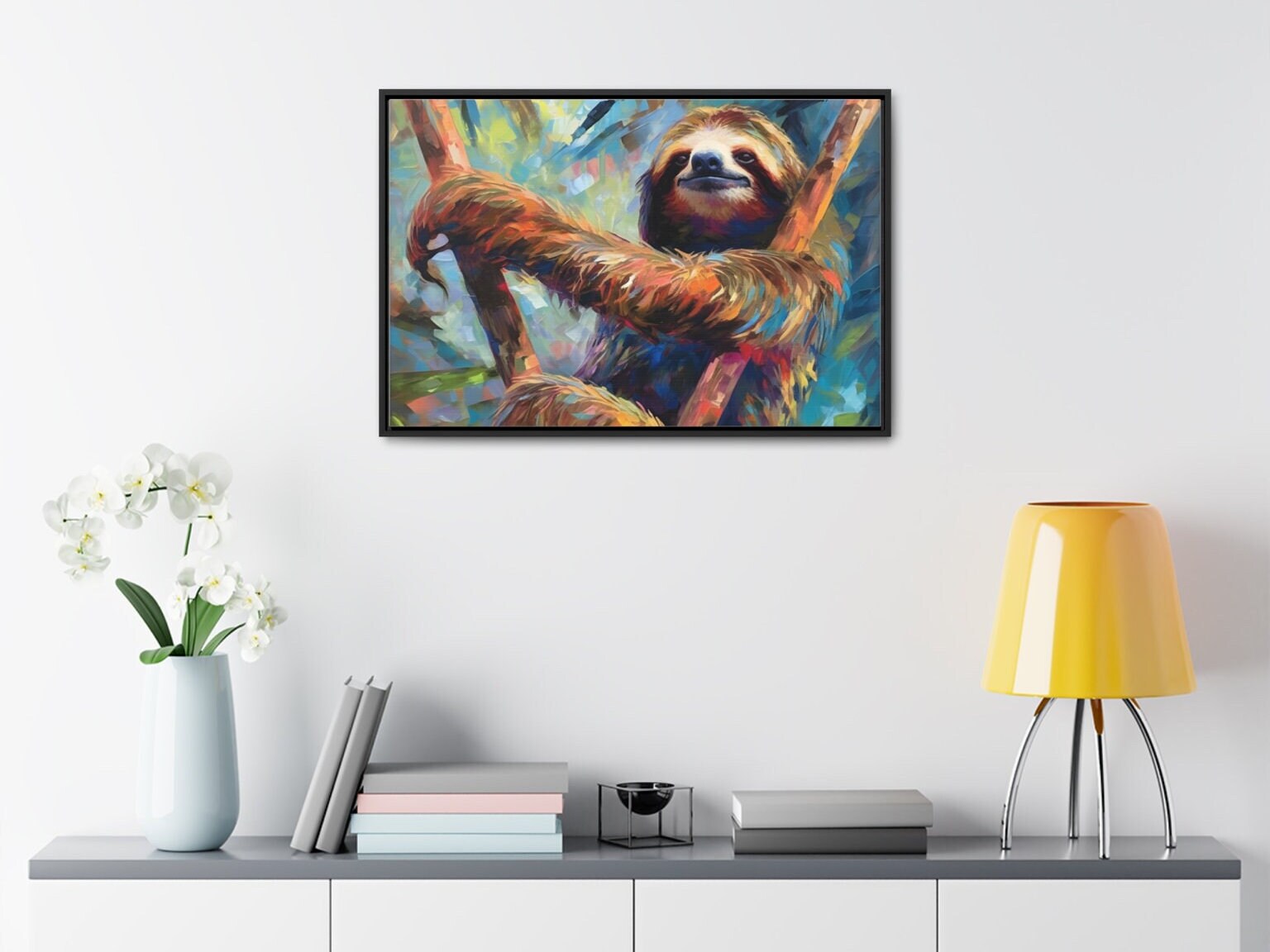 Sloth Relaxing Framed Canvas Art Print | Colorful Sloth Art | Oil ...
