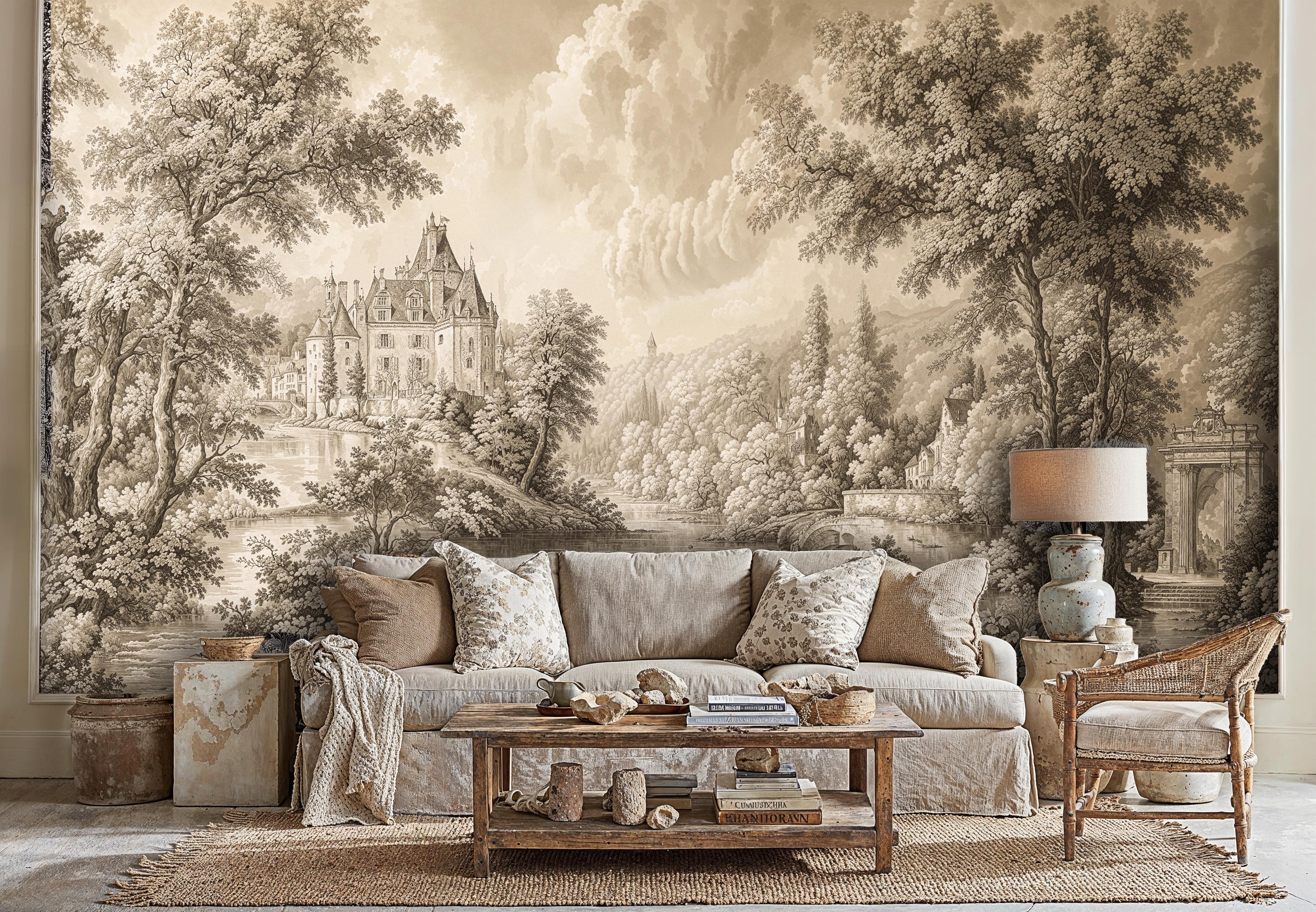 Vintage French Castle Wallpaper Mural: Sepia Chateau Scenic Peel ...