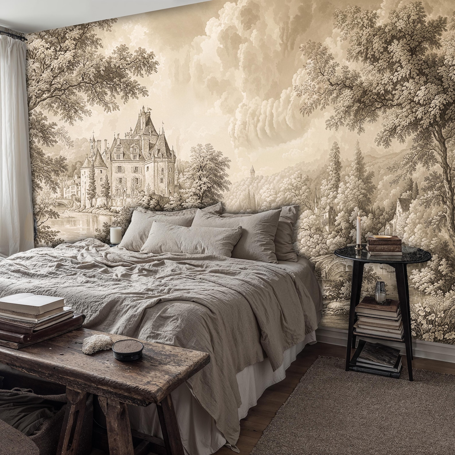 Vintage French Castle Wallpaper Mural: Sepia Chateau Scenic Peel ...