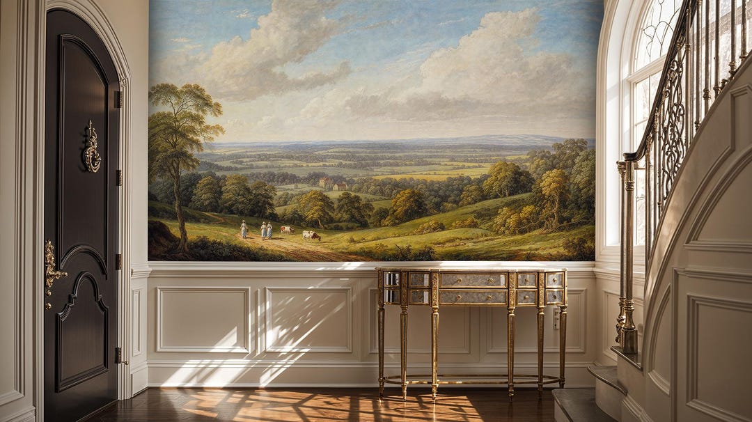 English Countryside Landscape Mural: Tree Rolling Hills & Cloudy Sky ...