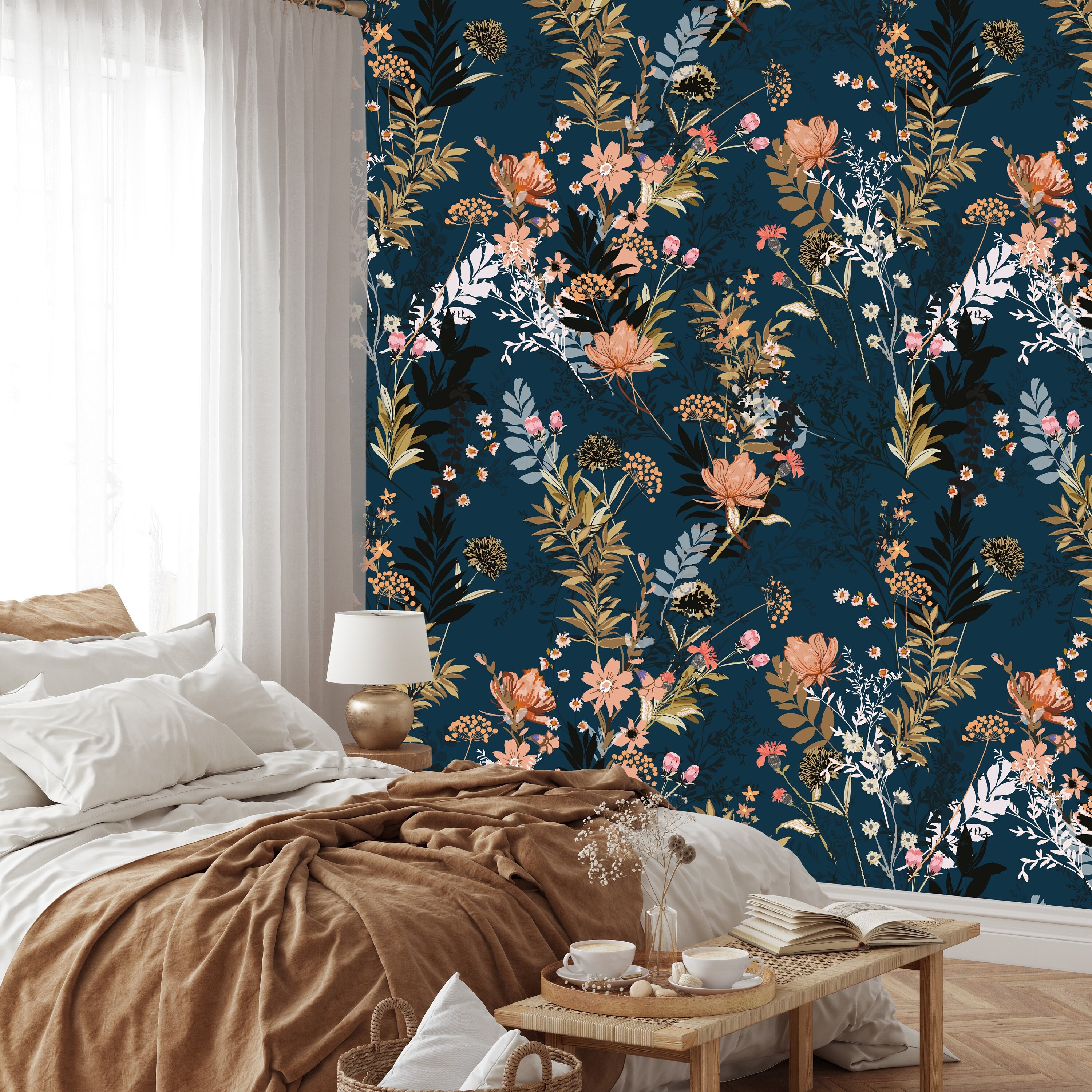 Navy Botanical Peel and Stick Wallpaper: Tropical Fern Mural - Etsy