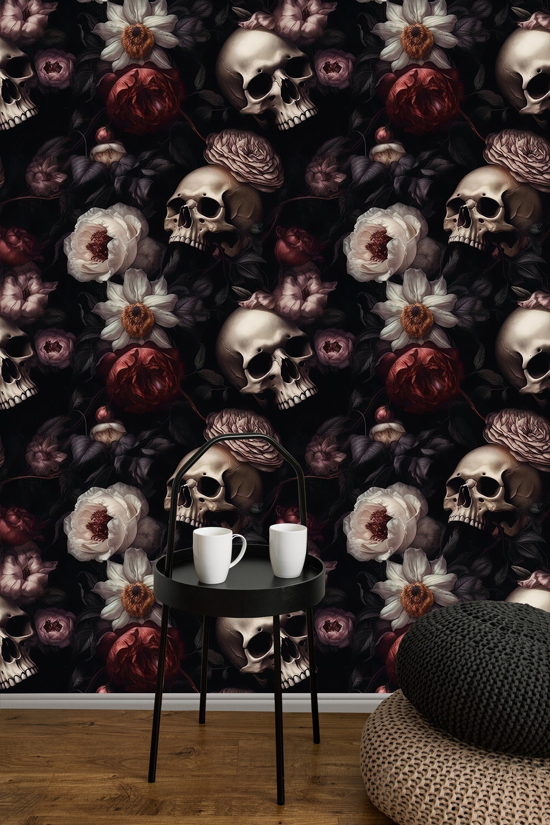 Dark Floral Skull Wallpaper: Gothic Peony Wall Mural, Peel and Stick - Etsy