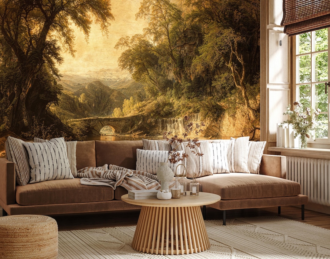 Rustic Forest Wallpaper Mural: Scenic Waterfall Landscape (peel and ...