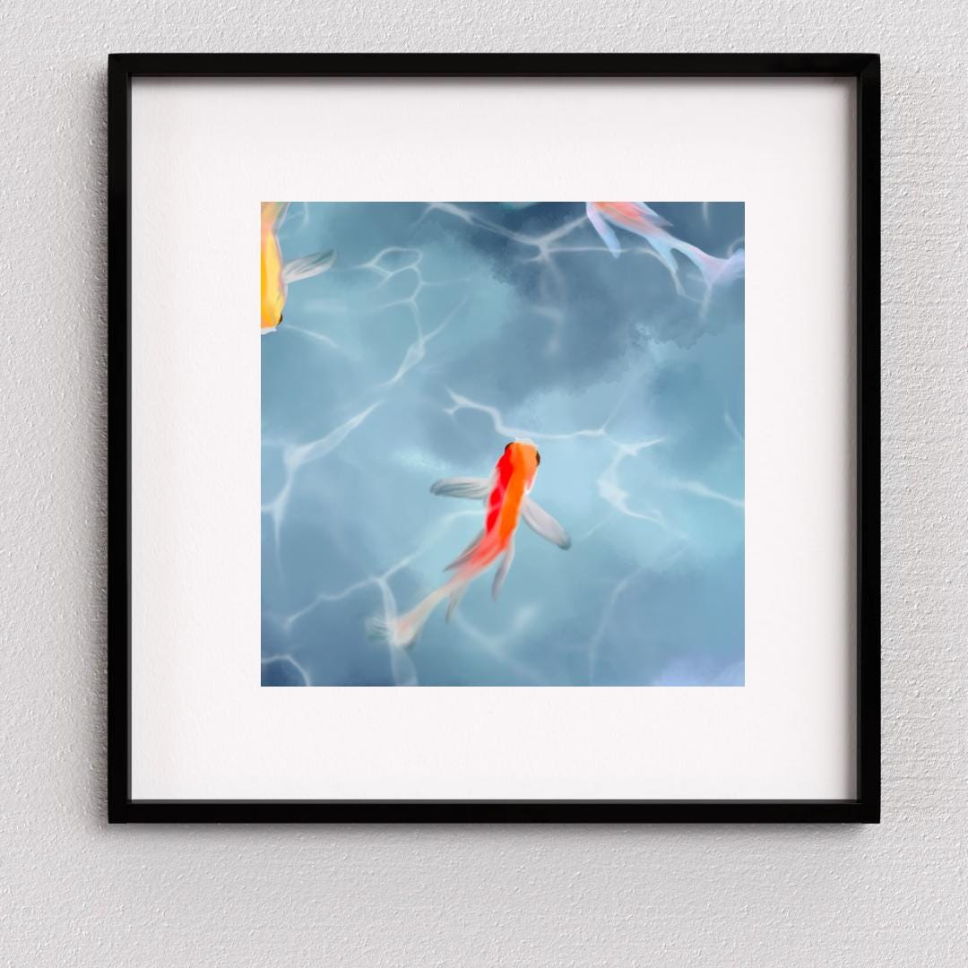 Fish Swimming Art Print - Koi Pond Wall Decor, Handmade, Digital ...