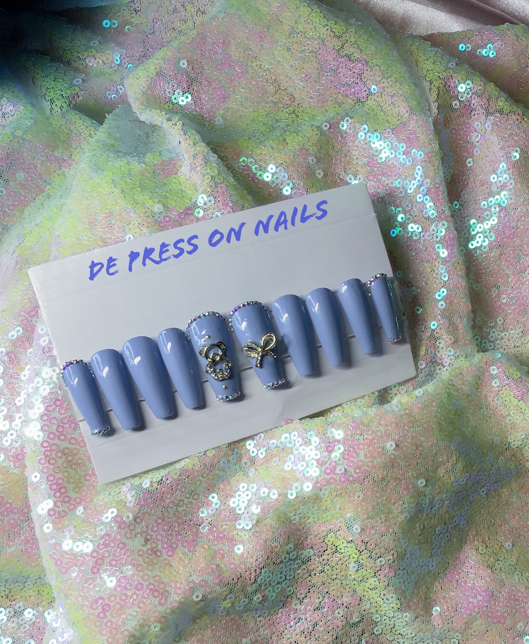 Diamond Periwinkle Press on Nails W/ Gold Charms & Multifaceted ...