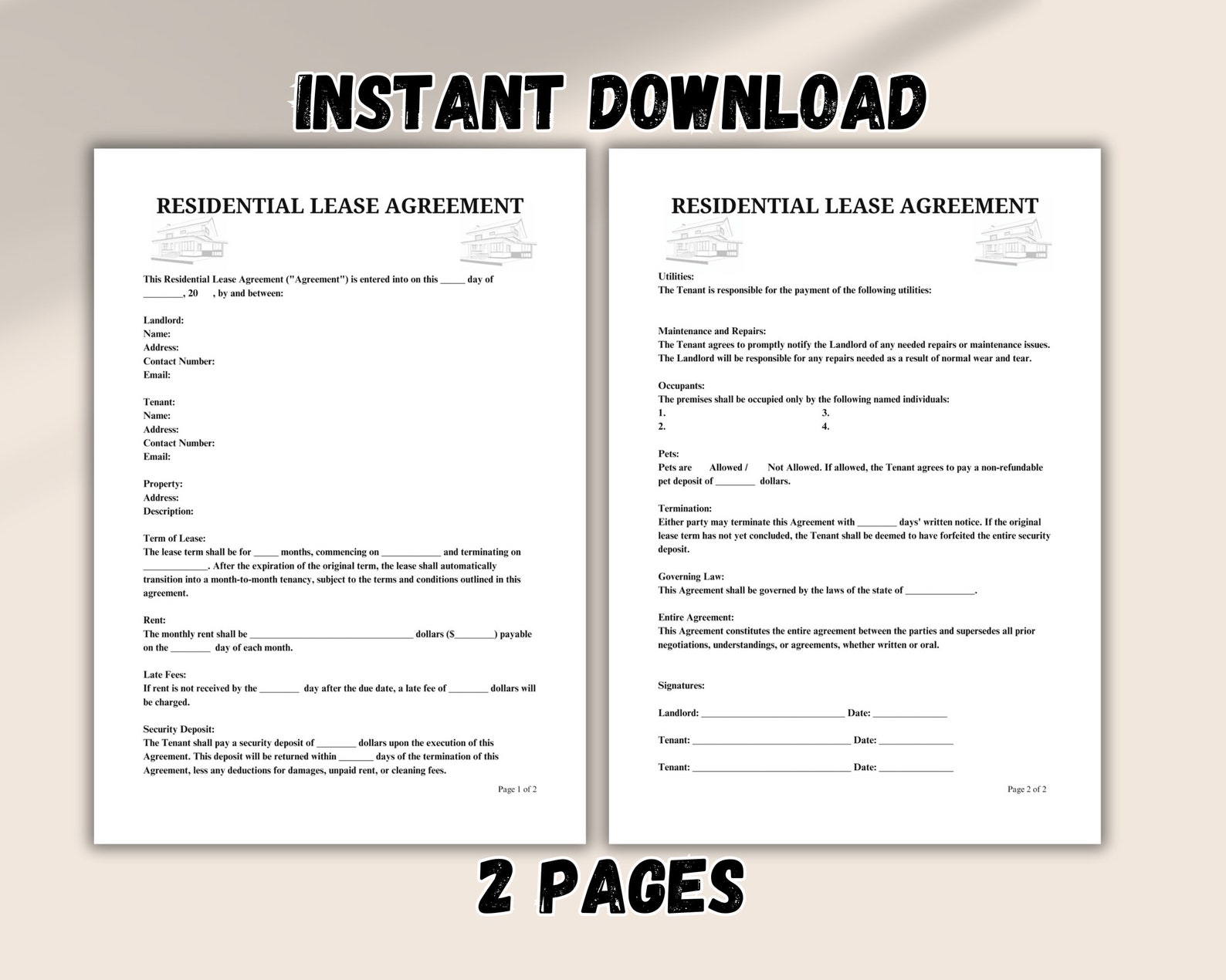Residential Lease Agreement, Basic Lease, Instant Download, Digitally ...