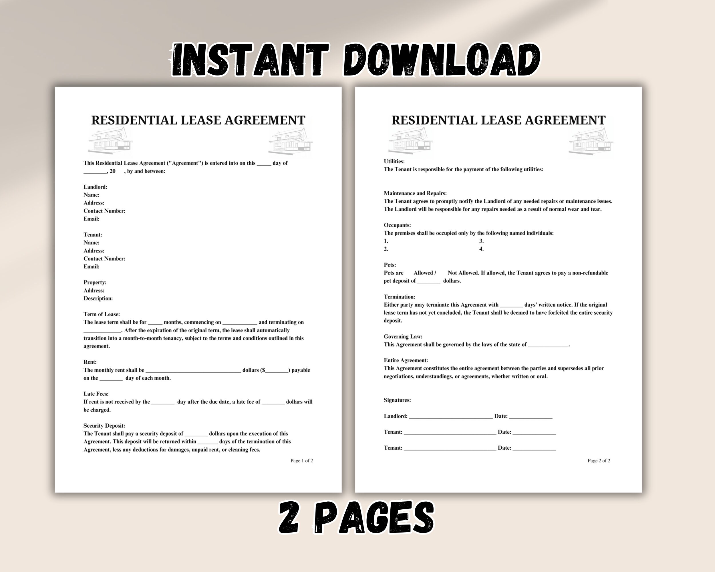 Residential Lease Agreement, Basic Lease, Instant Download, Digitally ...