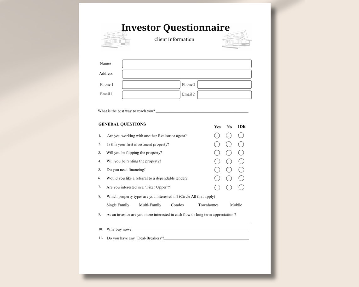 Real Estate Investor Questionnaire: Client Intake Form (printable ...