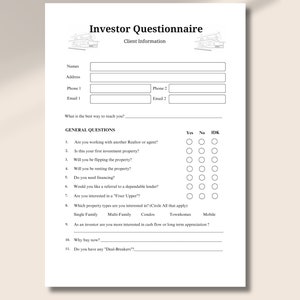 Real Estate Investor Questionnaire: Client Intake Form (printable ...