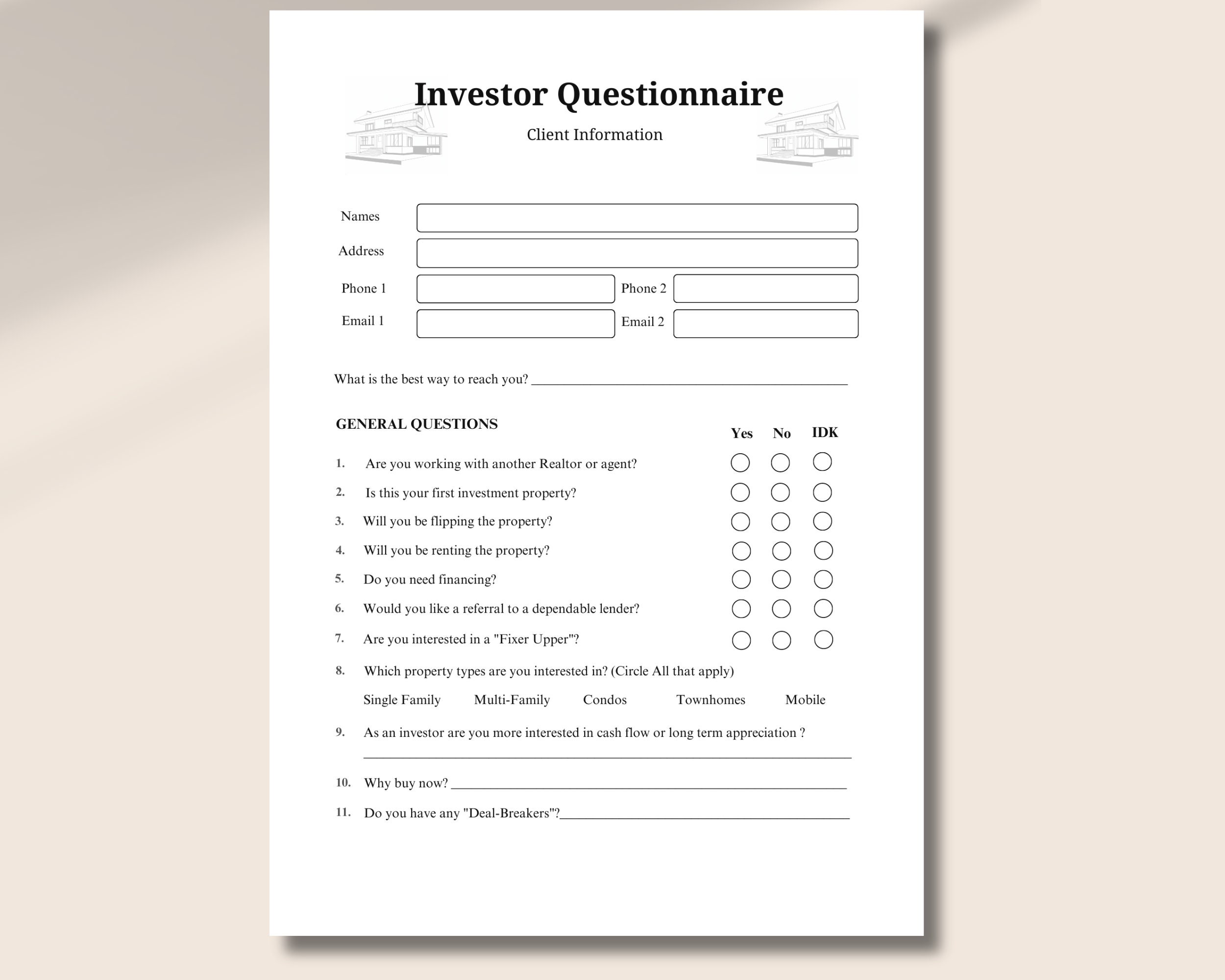 Real Estate Investor Questionnaire, 2 Pages, Printable and Fillable PDF ...