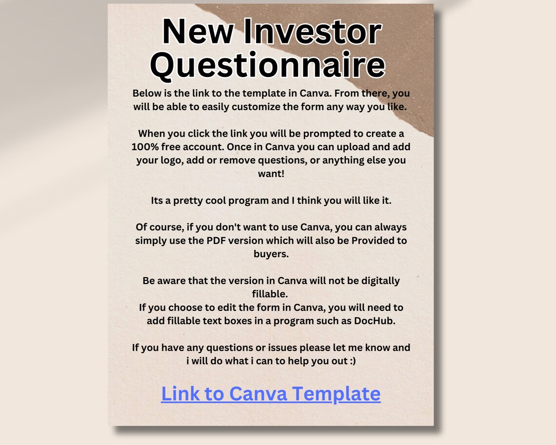 Real Estate Investor Questionnaire: Client Intake Form (printable ...
