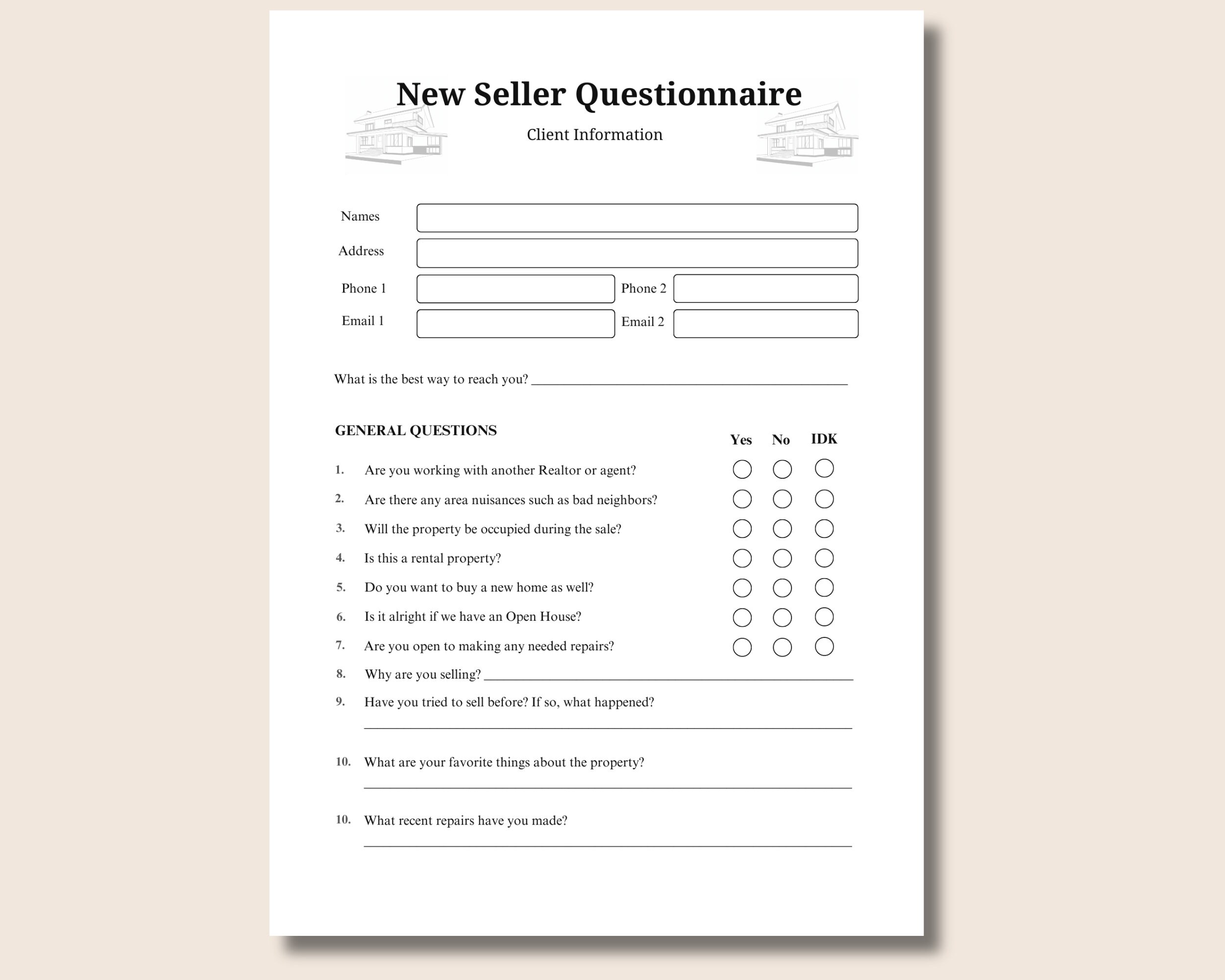 Real Estate Seller Questionnaire, 2 Page, Printable and Fillable PDF ...