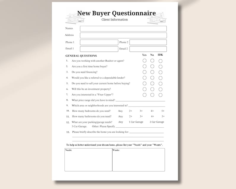 Real Estate Buyer Questionnaire, Printable and Fillable PDF, New Client Intake Survey, Simple to ...