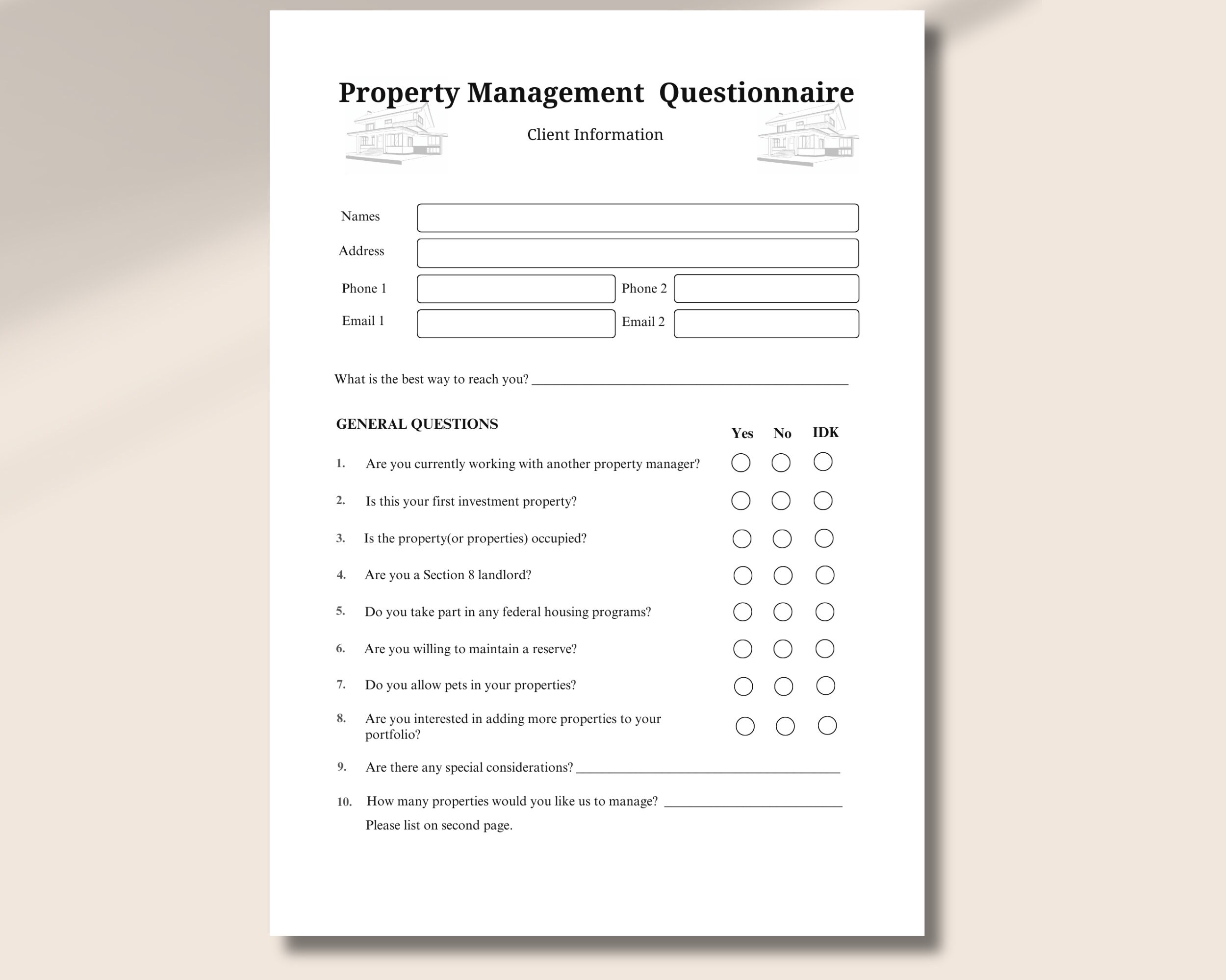 Property Management Client Questionnaire: Printable & Fillable PDF ...