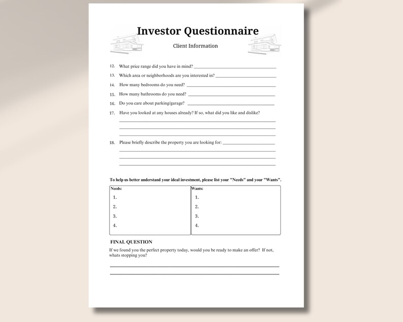 Real Estate Investor Questionnaire, 2 Pages, Printable and Fillable PDF ...