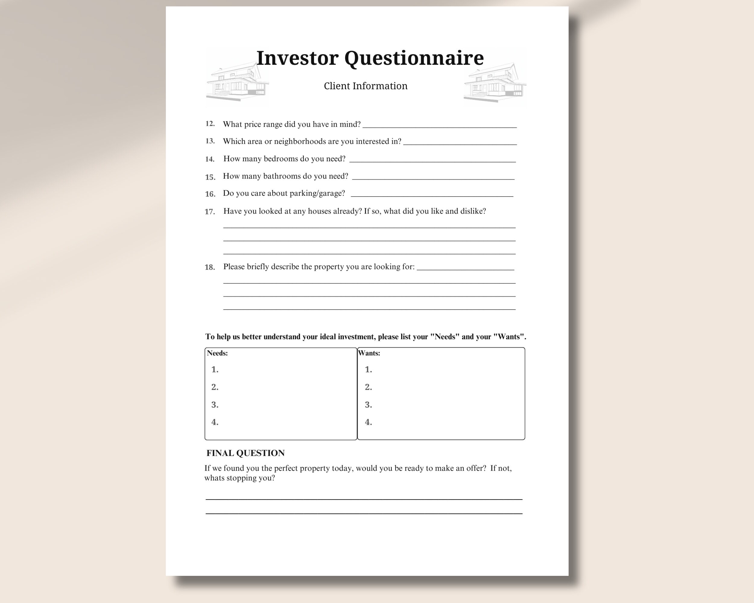 Real Estate Investor Questionnaire, 2 Pages, Printable and Fillable PDF ...