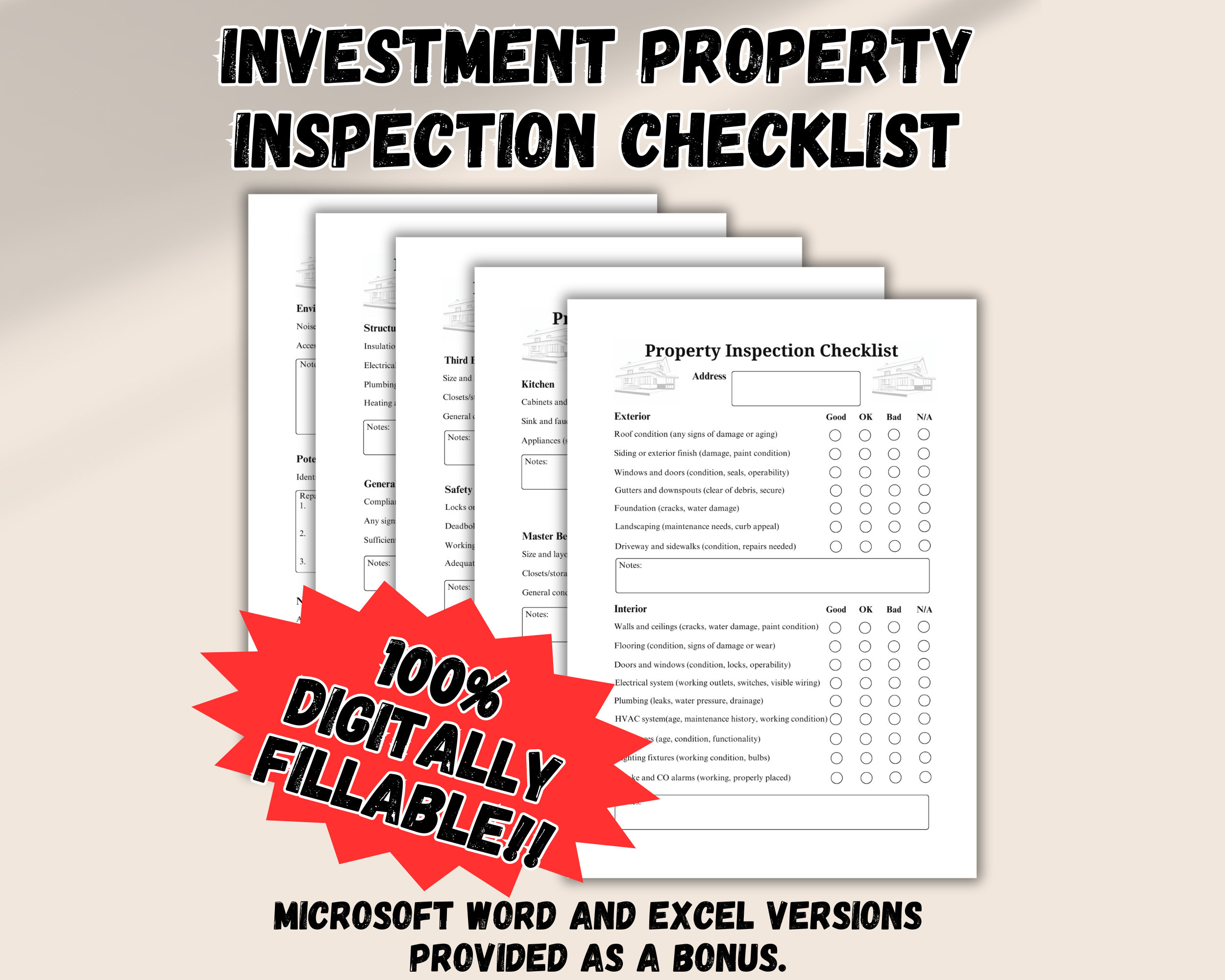 Investment Property Inspection Checklist, Digitally Fillable Checklist ...
