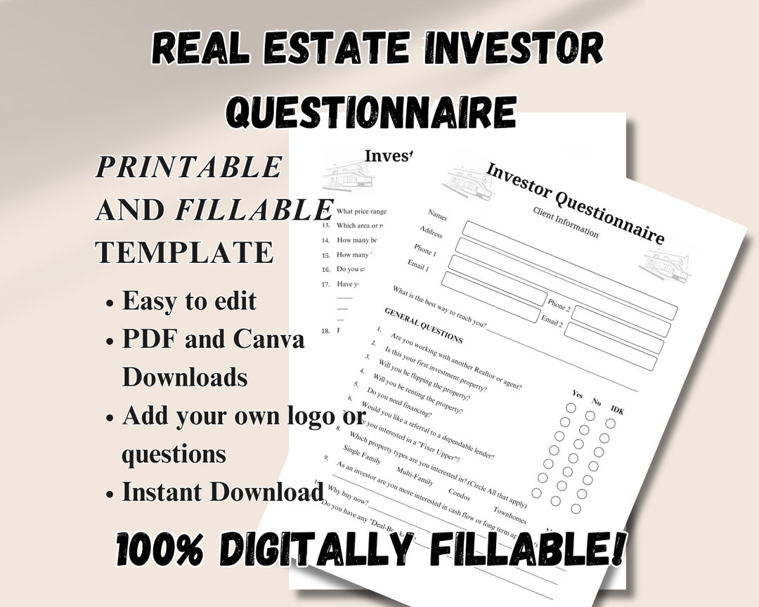 Real Estate Investor Questionnaire, 2 Pages, Printable and Fillable PDF ...