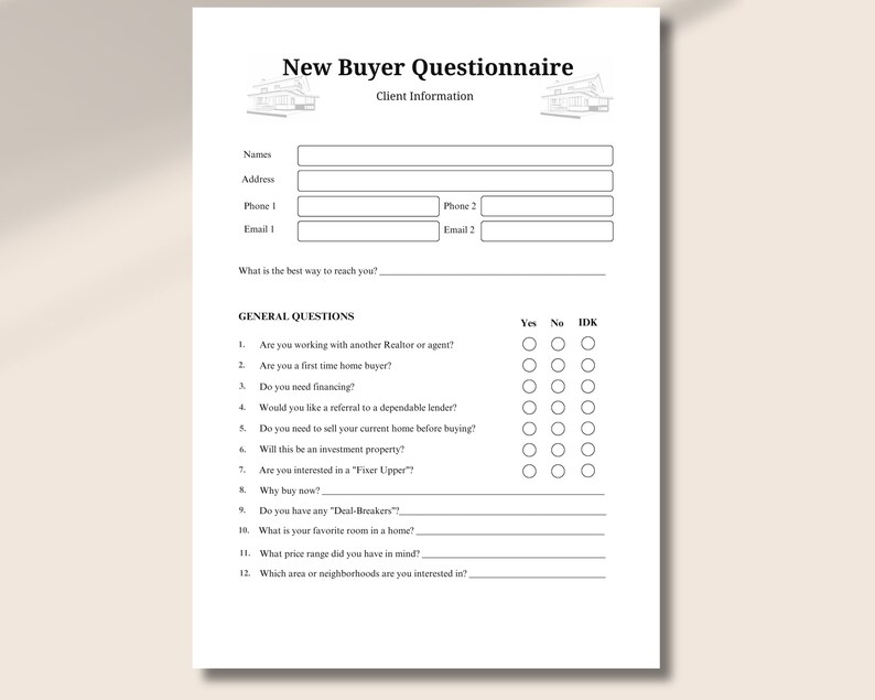 Real Estate Buyer Questionnaire, 2 Pages, Printable and Fillable PDF ...
