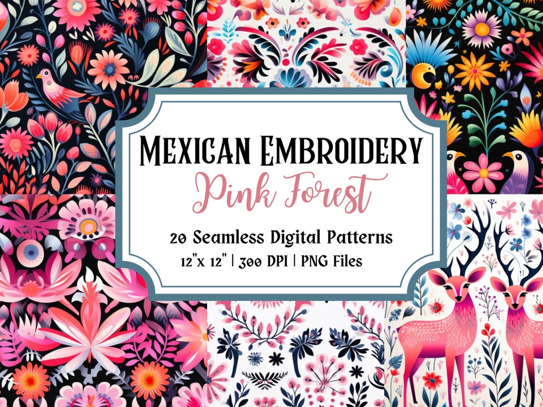 Pink Mexican Embroidery Art Digital Paper | 20 Seamless Prints, Folk ...