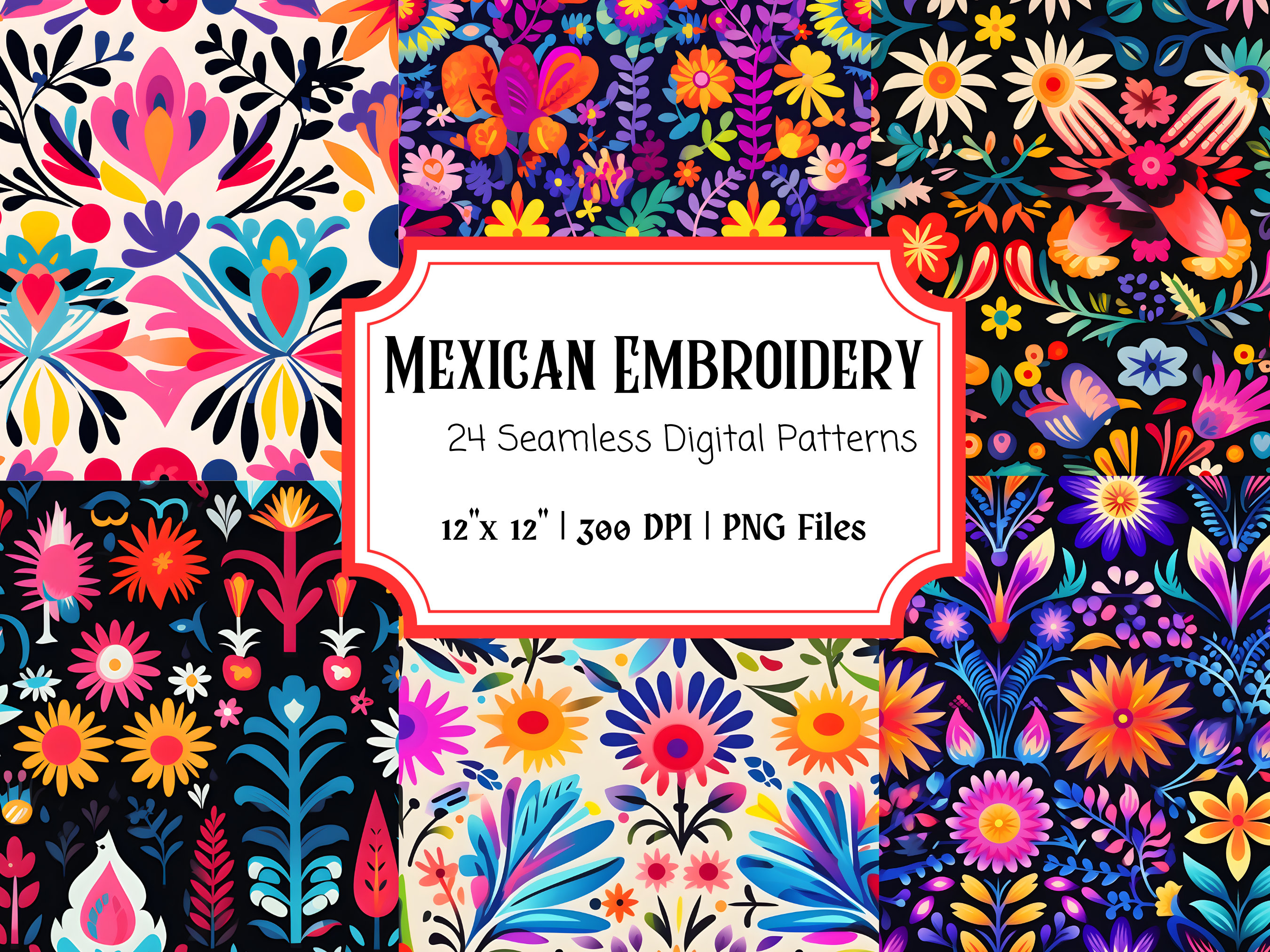 Mexican Embroidery Art Digital Paper | 24 Seamless Prints, Folk Art ...