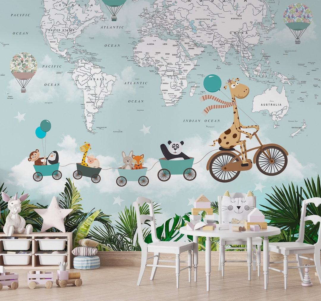 Kids Political World Map Wall Murals, Nursery Room World Wap With ...