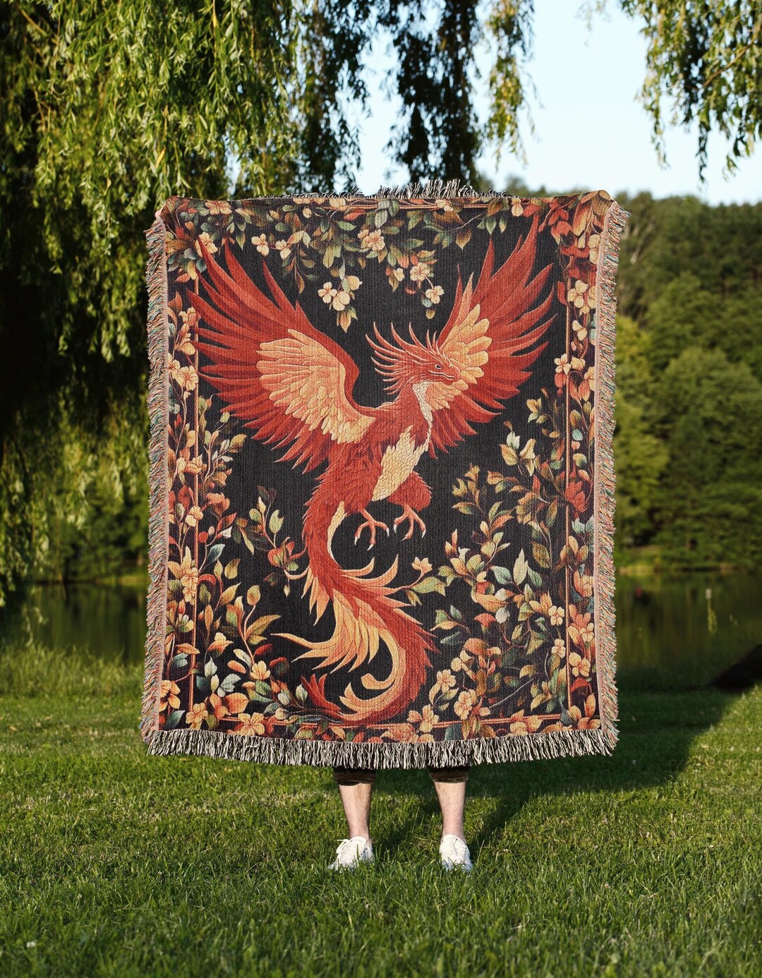 Red Phoenix Woven Blanket, Magical Cottagecore Throw - Etsy