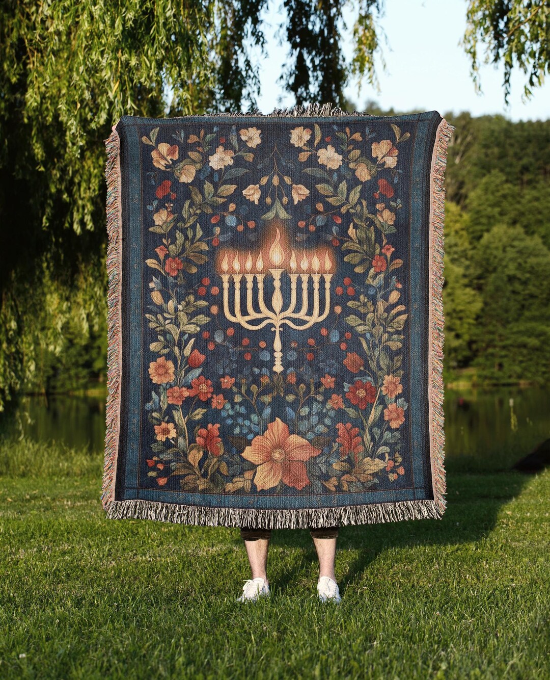 Jewish Menorah Woven Blanket, Hanukkah Tapestry Home Decor, Vintage ...