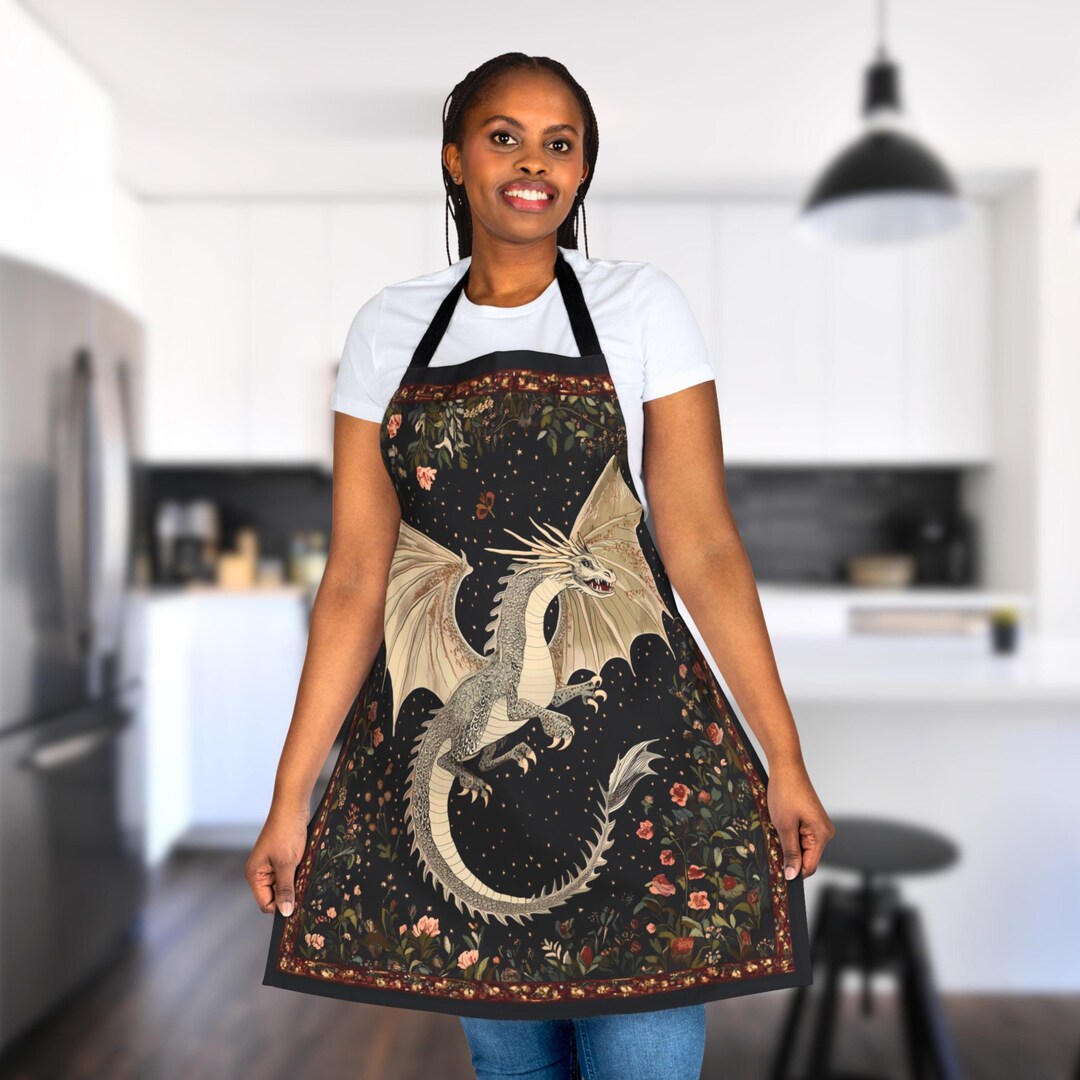 Floral Dragon Apron, Gift for Dragon Lover, Fantasy Cooking Artist ...