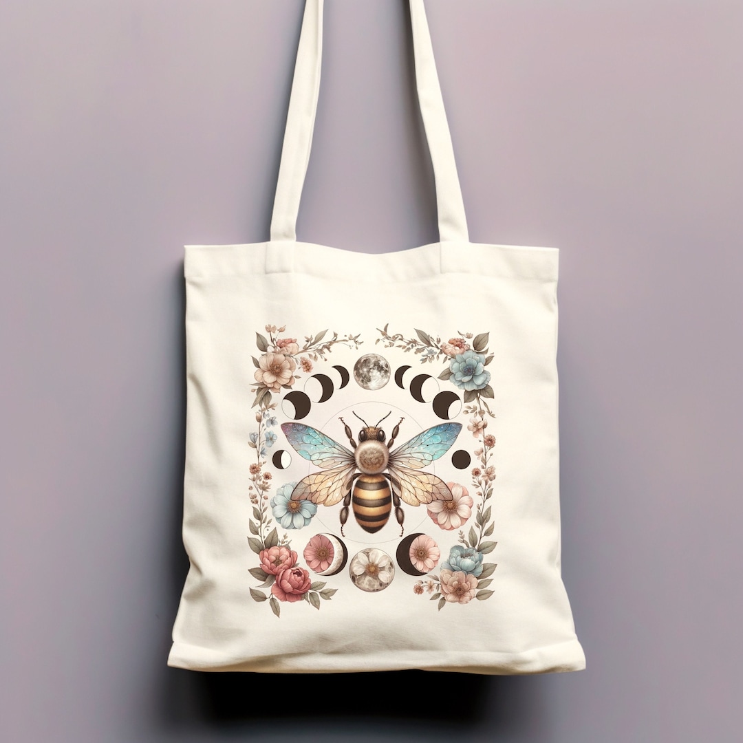 Cottagecore Bee Tote Bag, Floral Moon Phases Tote, Honeybee Tote ...