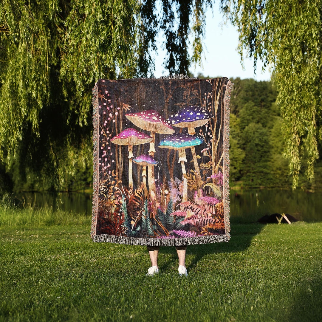 Mushroom Woven Blanket, Cottagecore Home Decor Gift, Vintage Forestcore ...