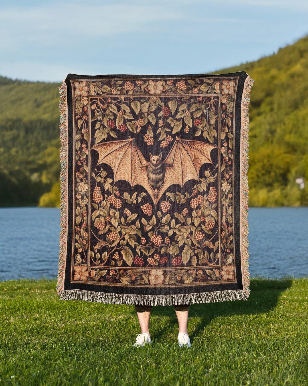 Bat Woven Throw Blanket, Cottagecore Floral Tapestry Decor, Medieval ...