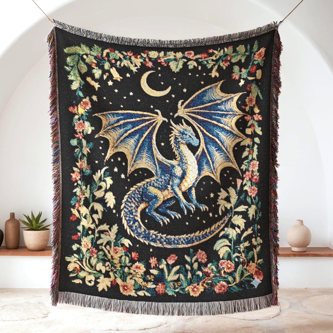 Dragon Woven Blanket, Celestial Dragon Kids Room Decor, Retro Fantasy ...