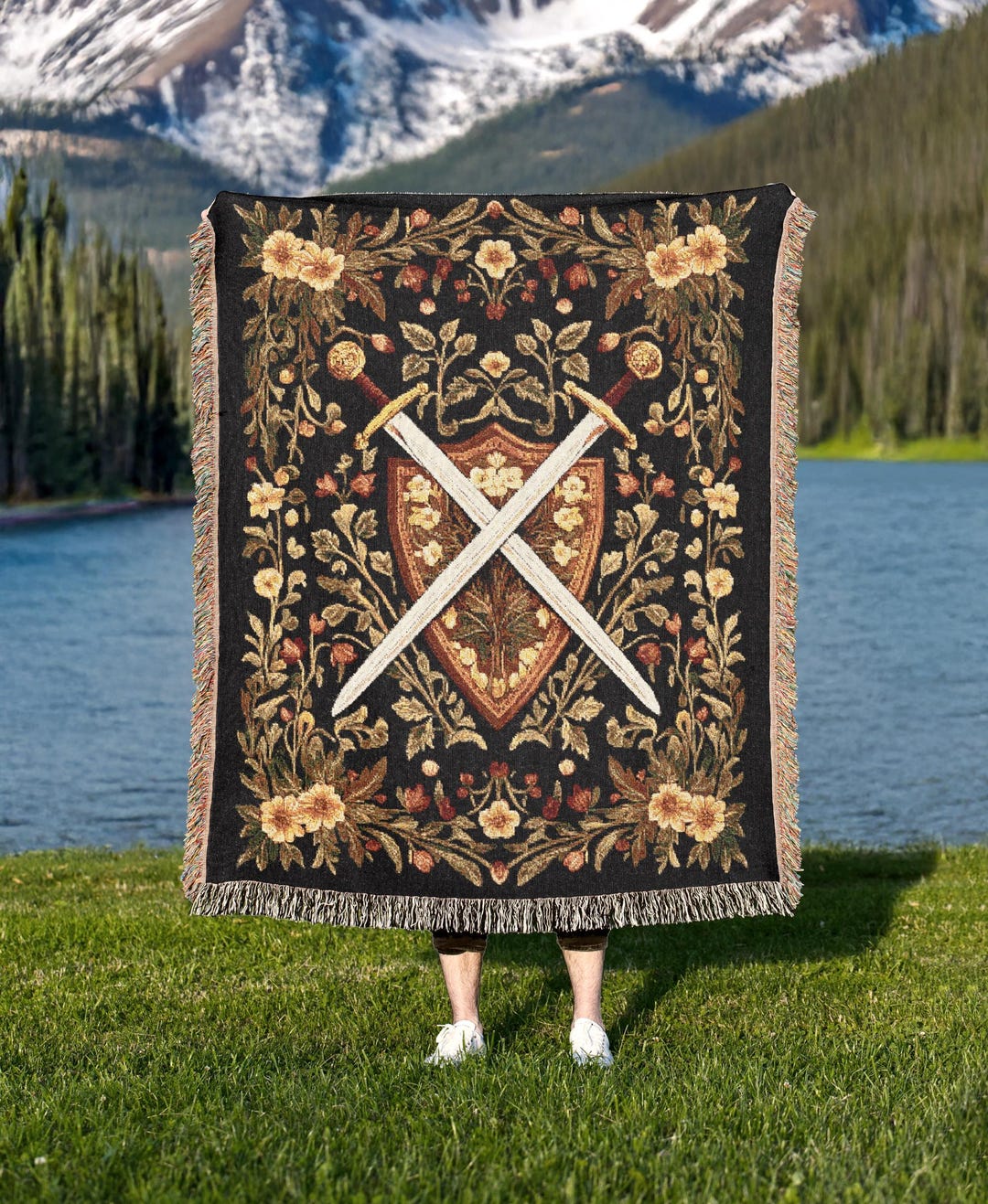Medieval Sword Tapestry Blanket, Woven Floral Gothic Wall Art, Fantasy ...