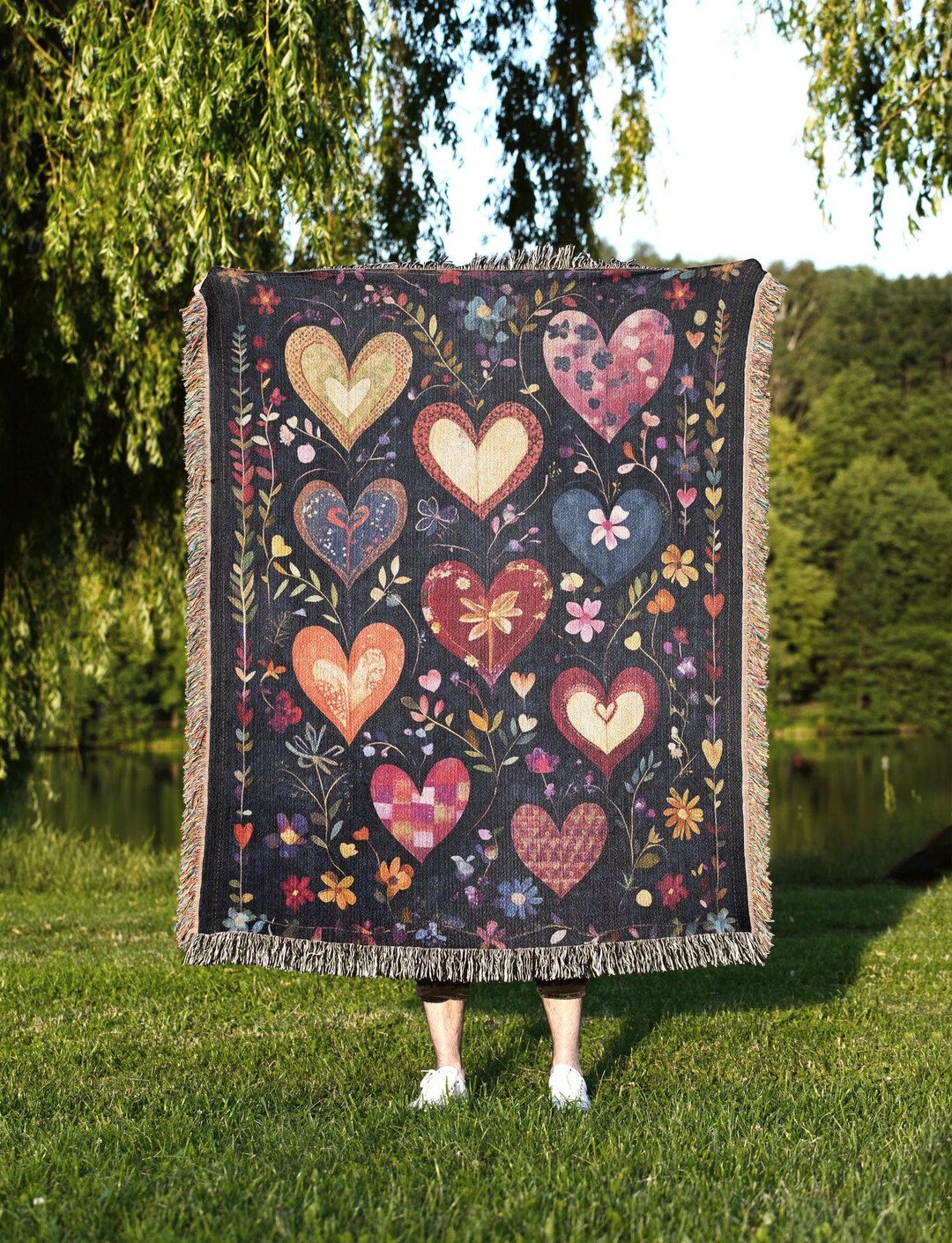 Valentines Hearts Tapestry Blanket, Dark Academia Cotton Jacquard Woven ...