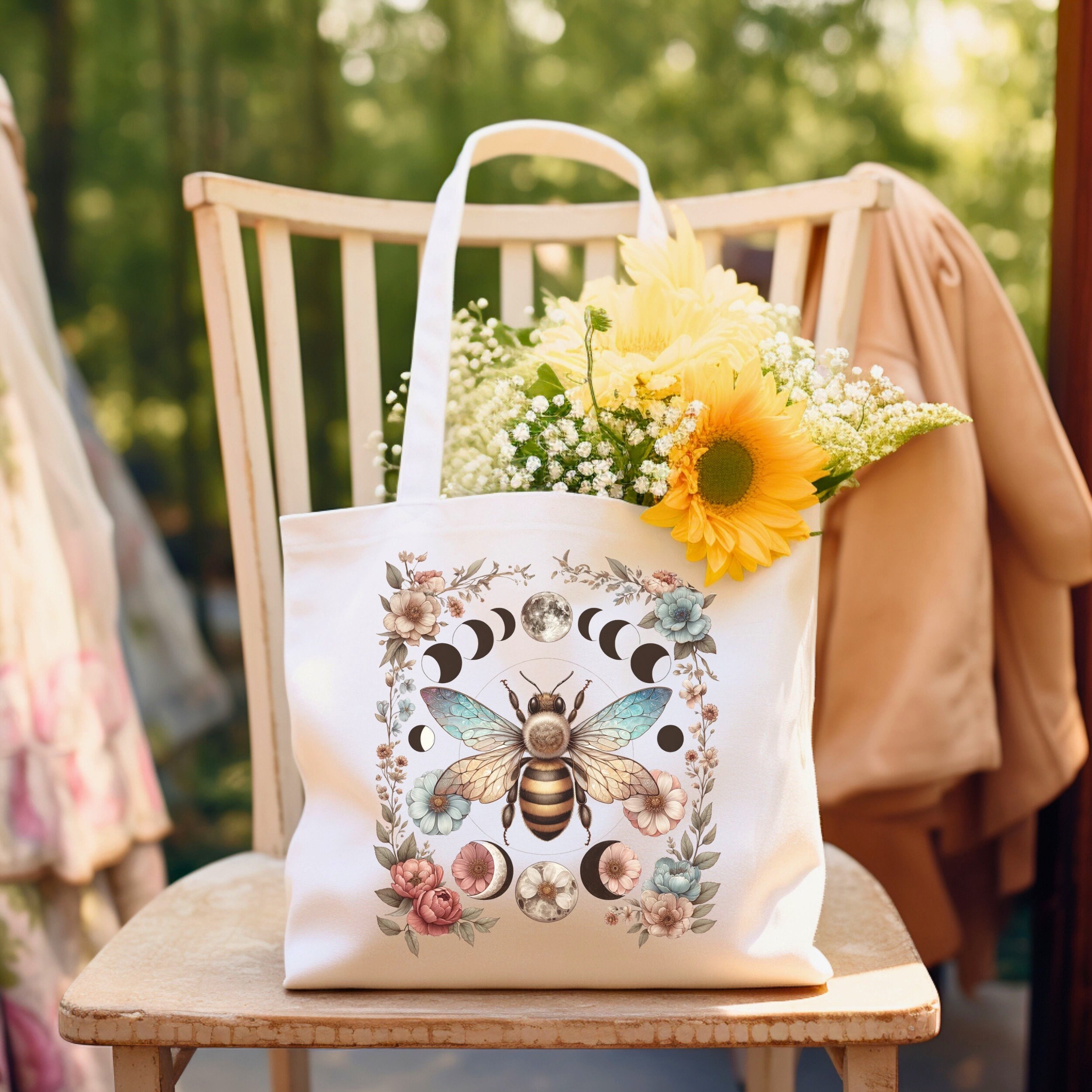 Cottagecore Bee Tote Bag, Floral Moon Phases Tote, Honeybee Tote ...