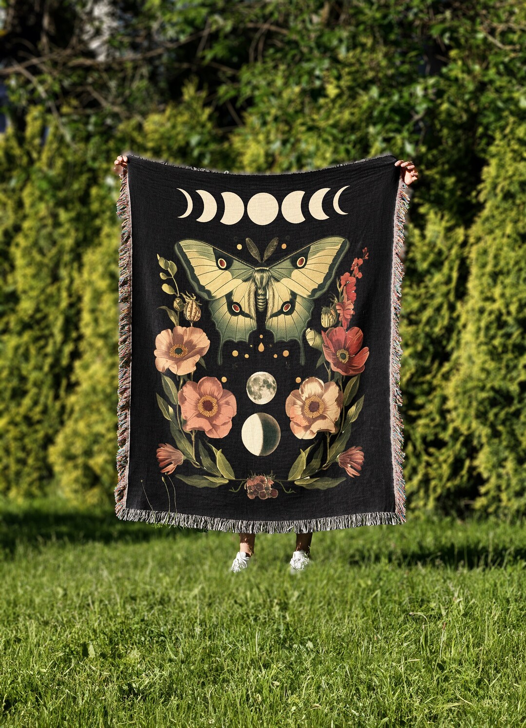 Moon Phase Goth Blanket, Cottagecore Woven Gift, Astrology Moon Phases ...