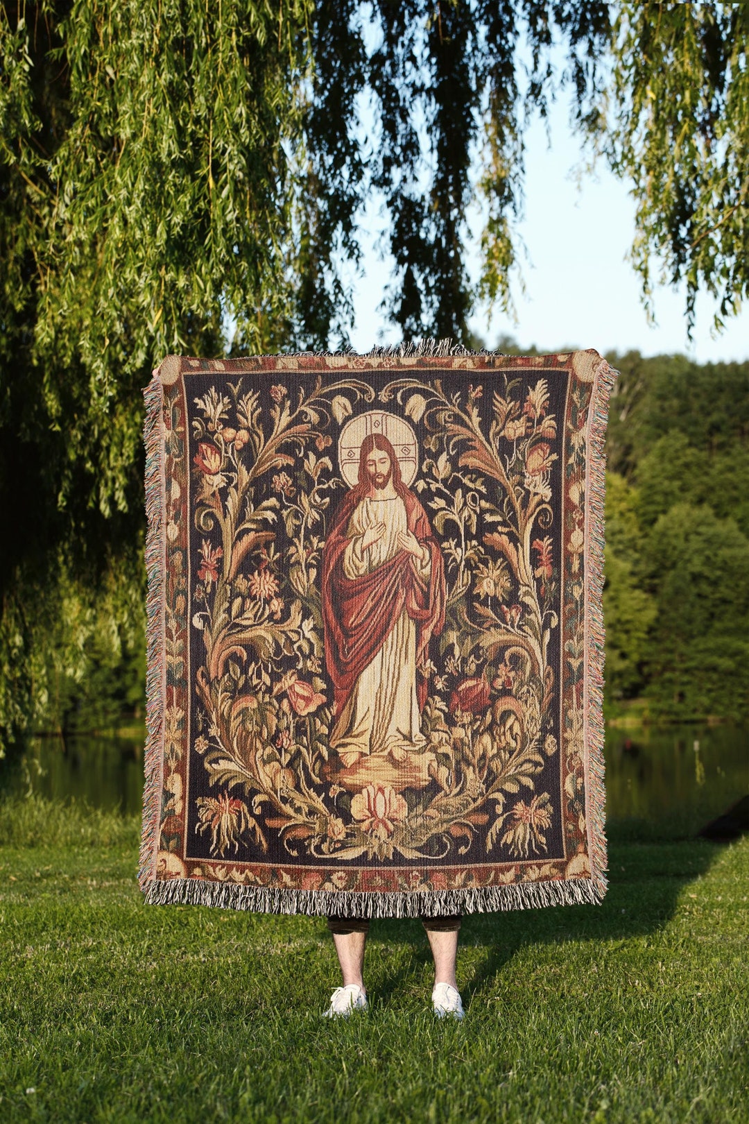 Jesus Floral Woven Blanket, Cottagecore Christ Tapestry Home Decor ...