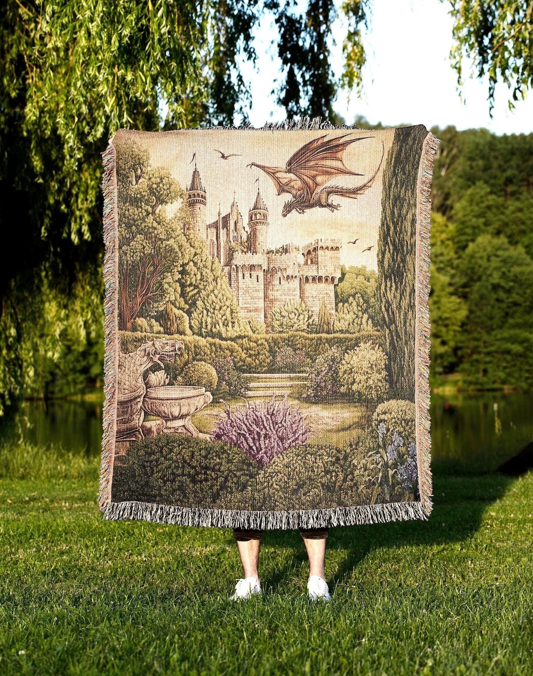 Medieval Garden Tapestry Blanket, Castle and Dragon Woven Throw, Dark ...