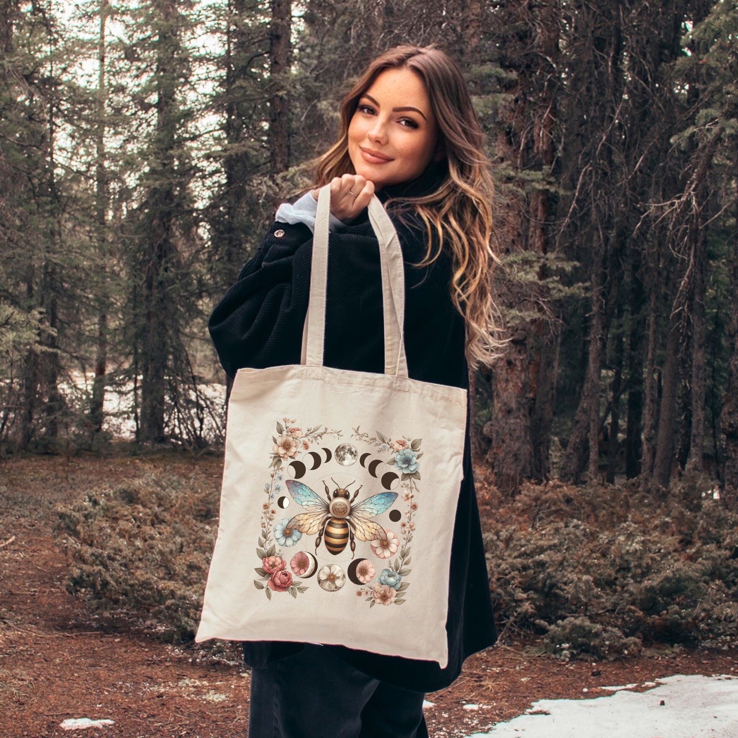 Cottagecore Bee Tote Bag, Floral Moon Phases Tote, Honeybee Tote ...
