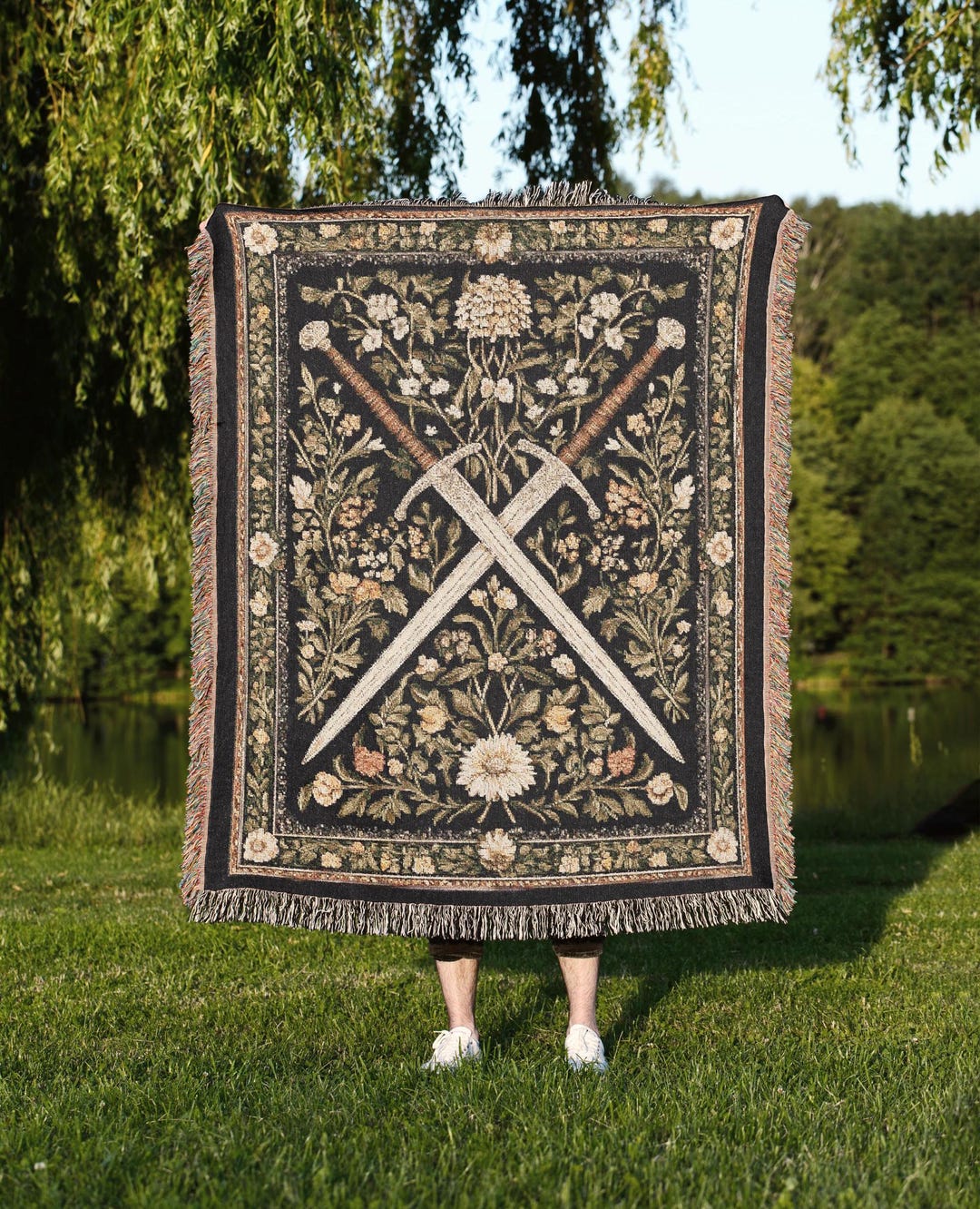 Medieval Sword Tapestry Blanket, Woven Floral Gothic Wall Art, Fantasy ...